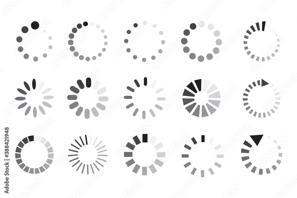 Vector bootloader icons. Buffering circular signs. Website loading ...