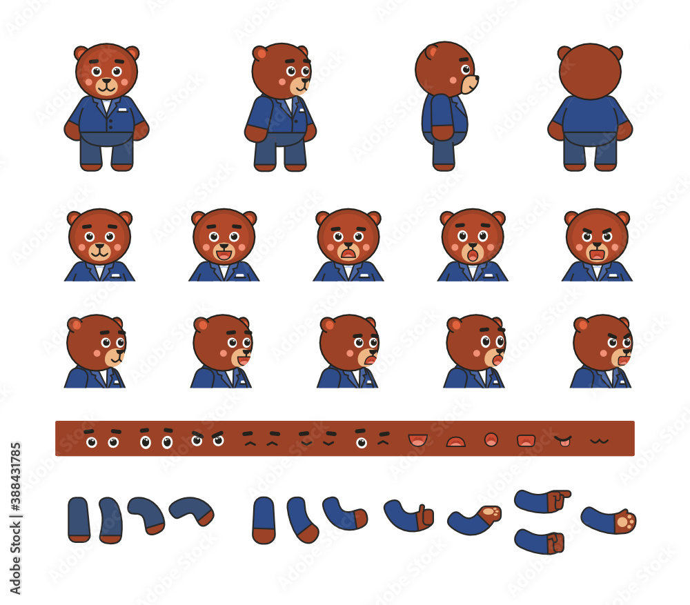 Cute chibi brown bear in blue suit creation kit. Create your own pose ...