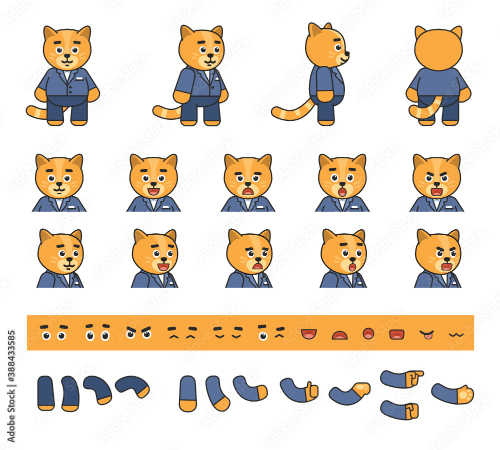 Cute yellow chibi cat in blue suit creation kit. Create your own action ...