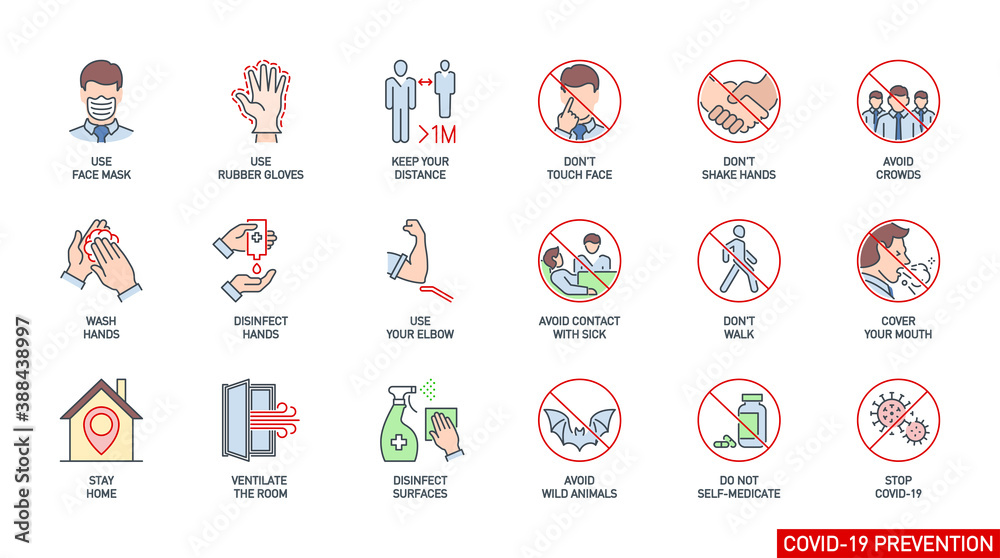 Prevention line icons set isolated on white. outline symbols ...