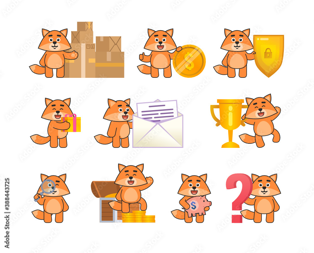 Fox mascot in various situations. Cute fox holding magnifier, standing ...