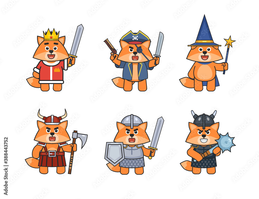 Set of fox mascots in various fantasy outfits. Fox king, pirate, wizard ...