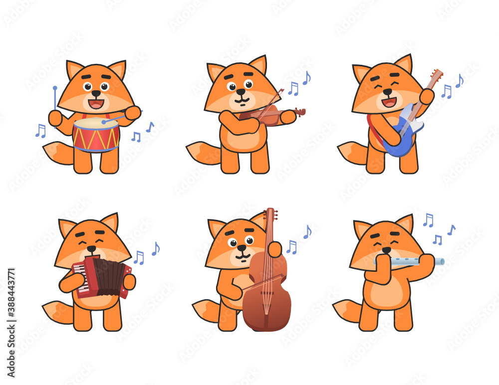 Set of cute fox mascots playing on various musical instruments. Chibi ...