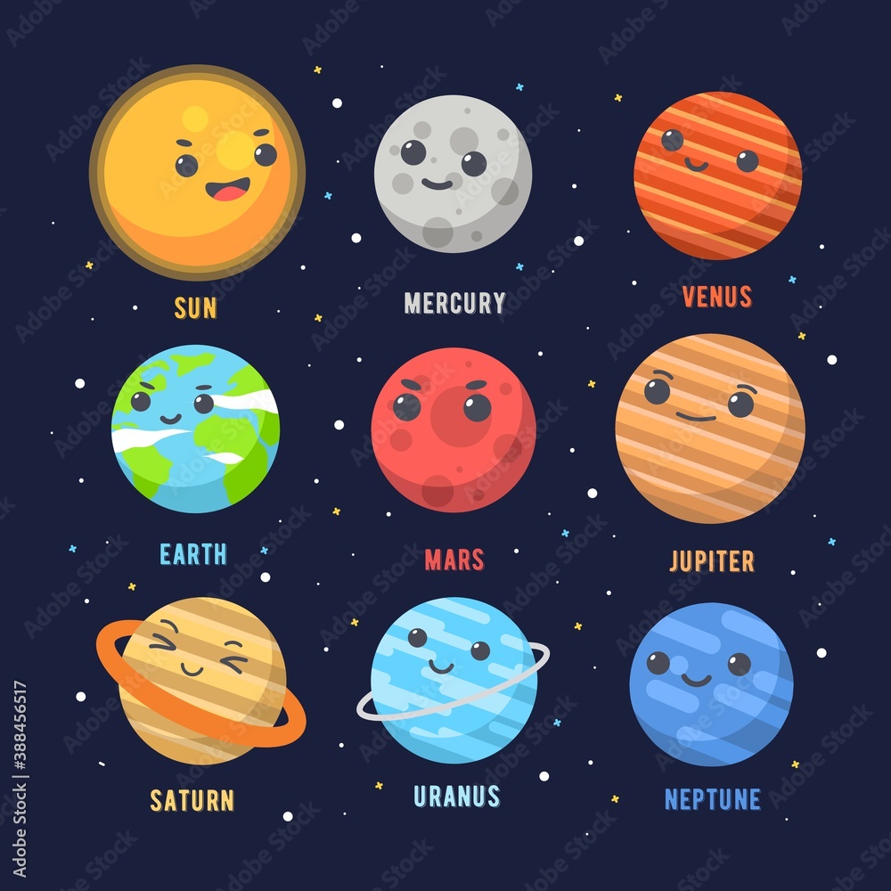 Vector Cute Planet icon set of solar system planets on dark space ...