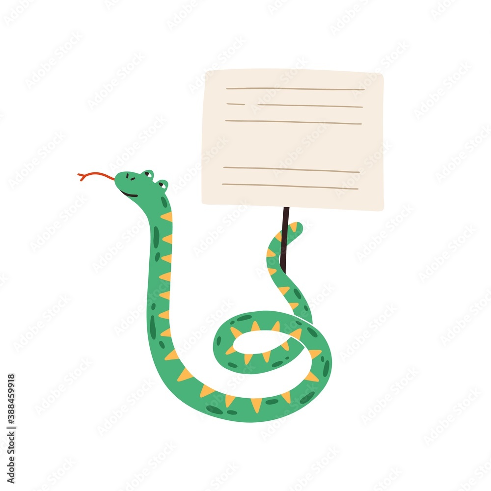 Funny childish snake holding empty sign with a place for text. Adorable ...