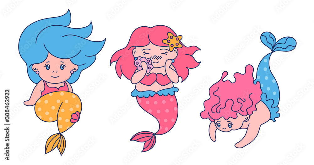 Chibi mermaids characters. Kawaii little mermaids - set of isolated ...