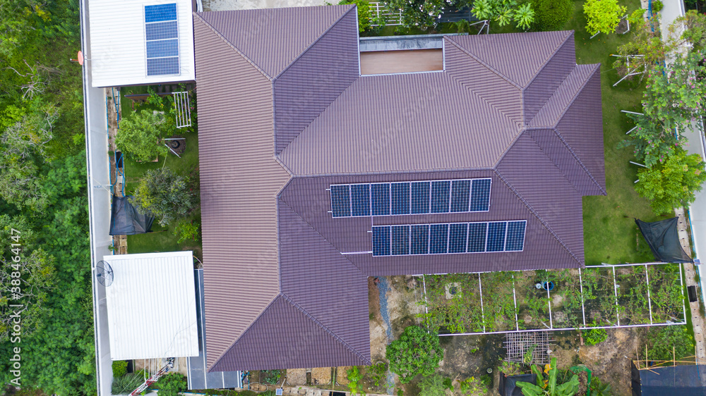 Aerial top view of the solar cells on the roof, Solar panels installed ...