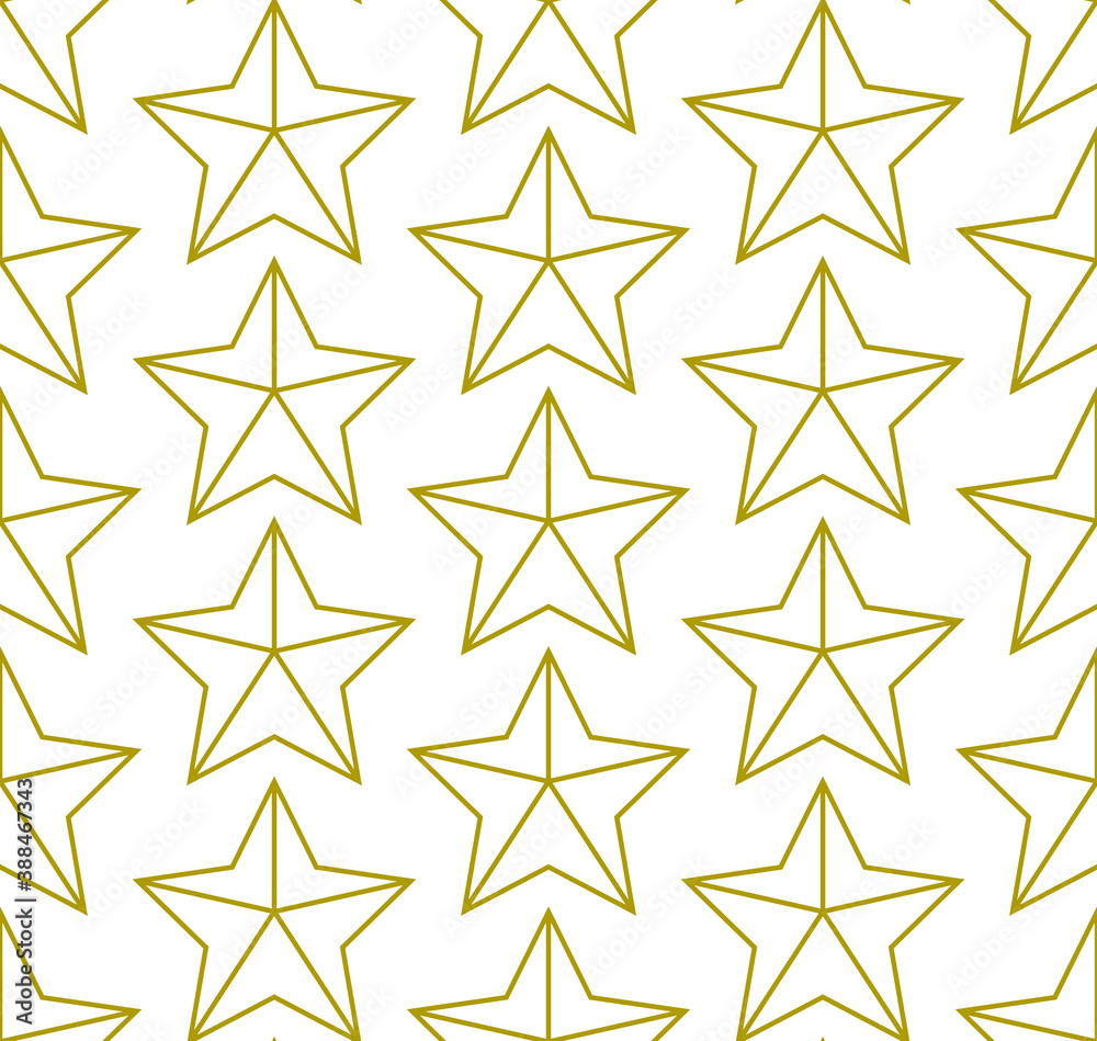 Simple geometric five-pointed star shapes repeating pattern in gold ...