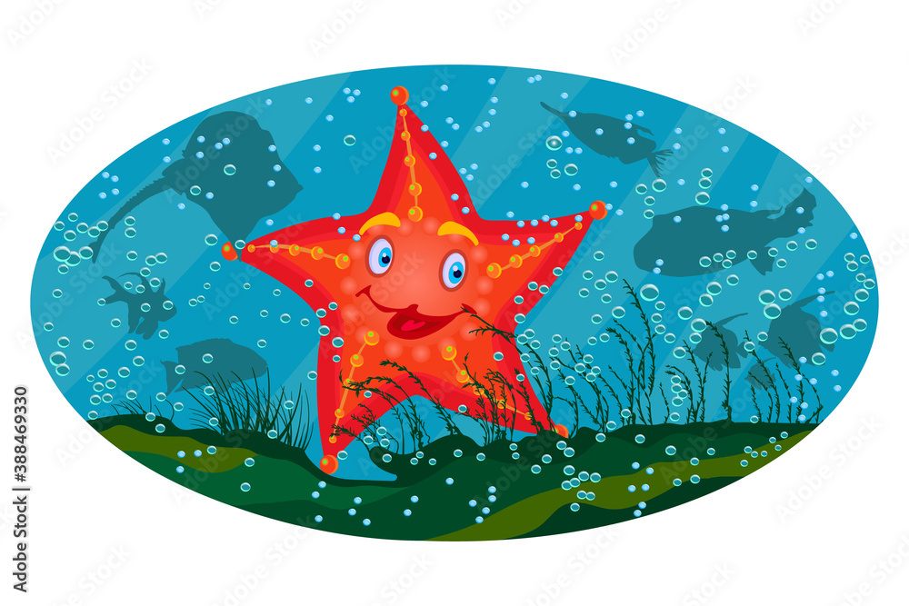 Sea star under the sea on marine background. Cartoon red starfish ...