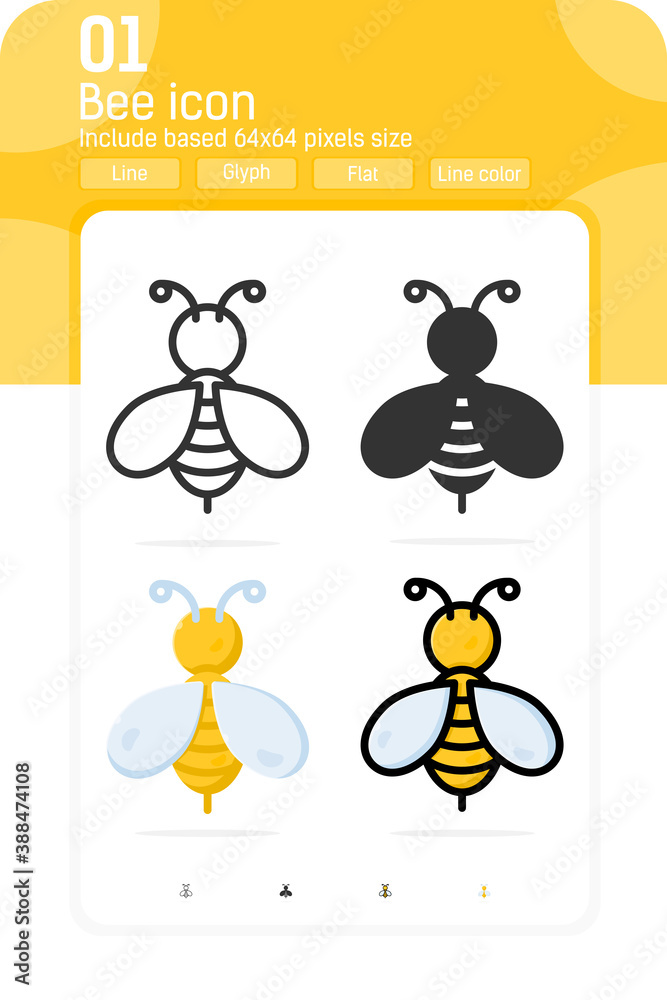 Bee icon with multiple style isolated on white background. Vector, sign ...