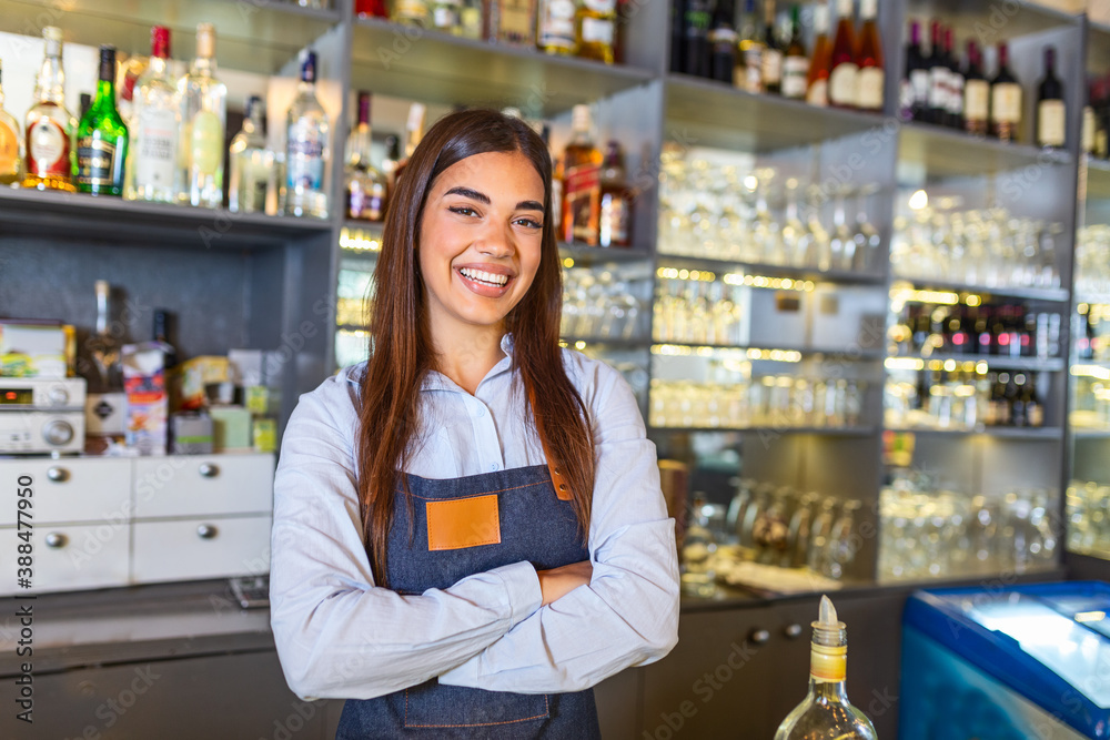 Waitress wearing apron smilling looking at camera. Happy businesswoman ...
