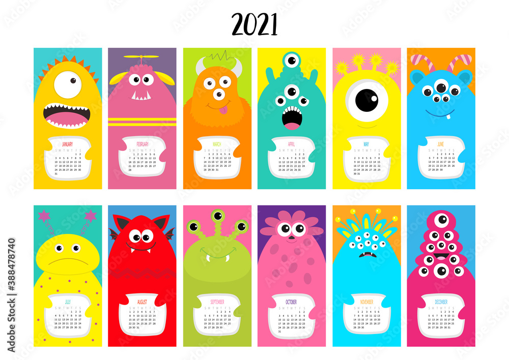 Monster vertical monthly calendar 2021 template. Cute kawaii funny ...