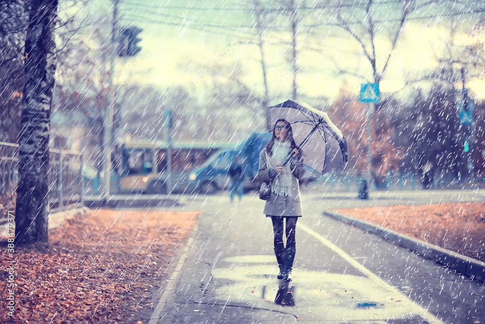 autumn raindrops model / rain weather, girl autumn look, splashes and ...
