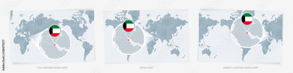 Three versions of the World Map with the enlarged map of Kuwait with ...