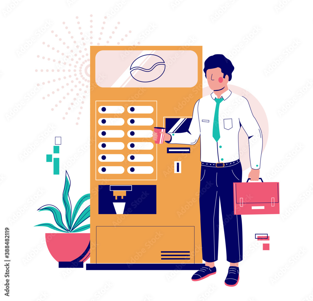 Businessman with coffee cup standing next to coffee vending machine ...