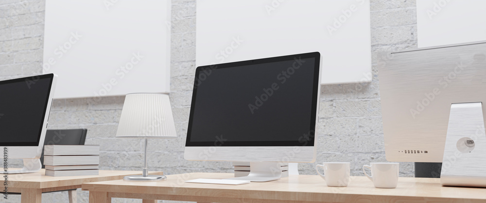 Modern office with computers mockup. Black screen. 3d illustrati Stock ...