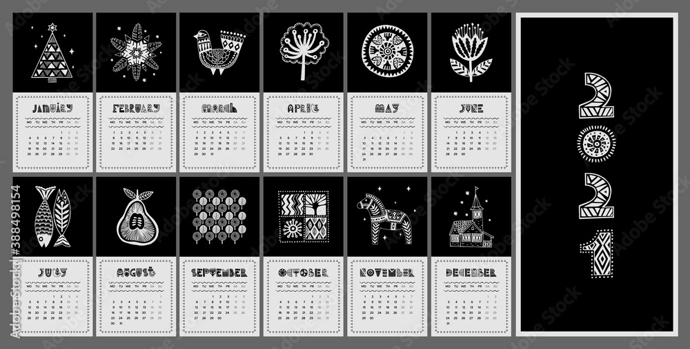Illustrated black and white calendar for 2021 in Scandinavian style ...