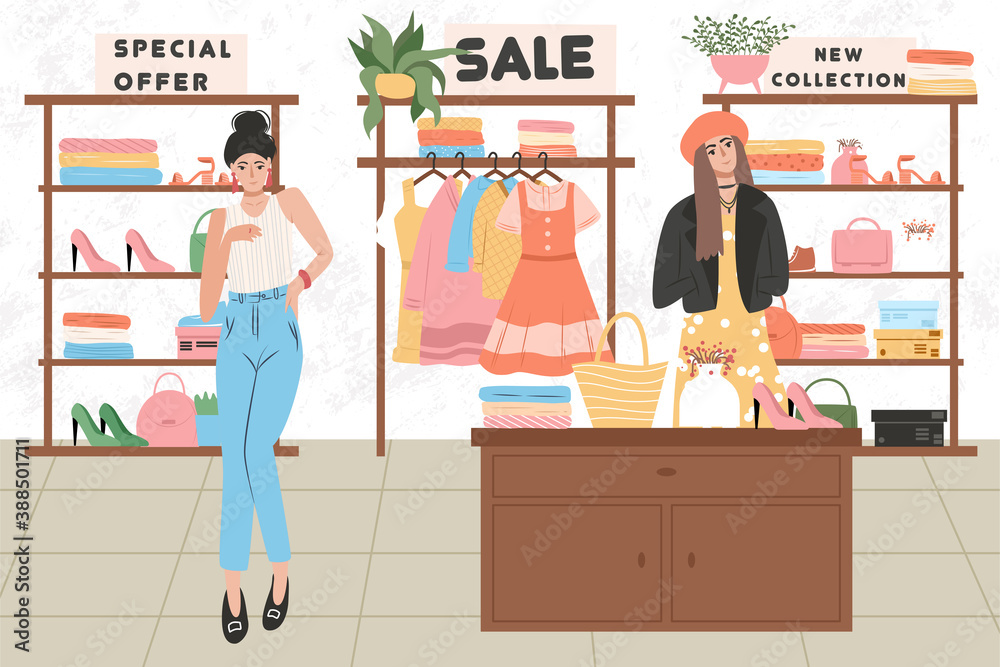 Fashion shop interior with female characters vector flat cartoon ...