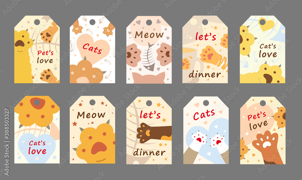 Cats love tags set. Cute cartoon paws vector illustrations with meow ...