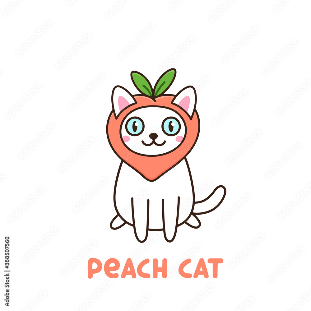 Сute white cat in funny costume fruit peach. Kawaii cartoon vector ...