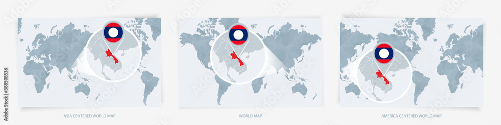 Three versions of the World Map with the enlarged map of Laos with flag ...