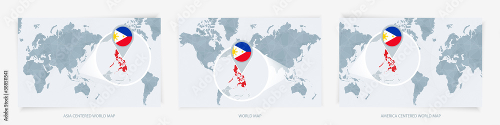 Three versions of the World Map with the enlarged map of Philippines ...