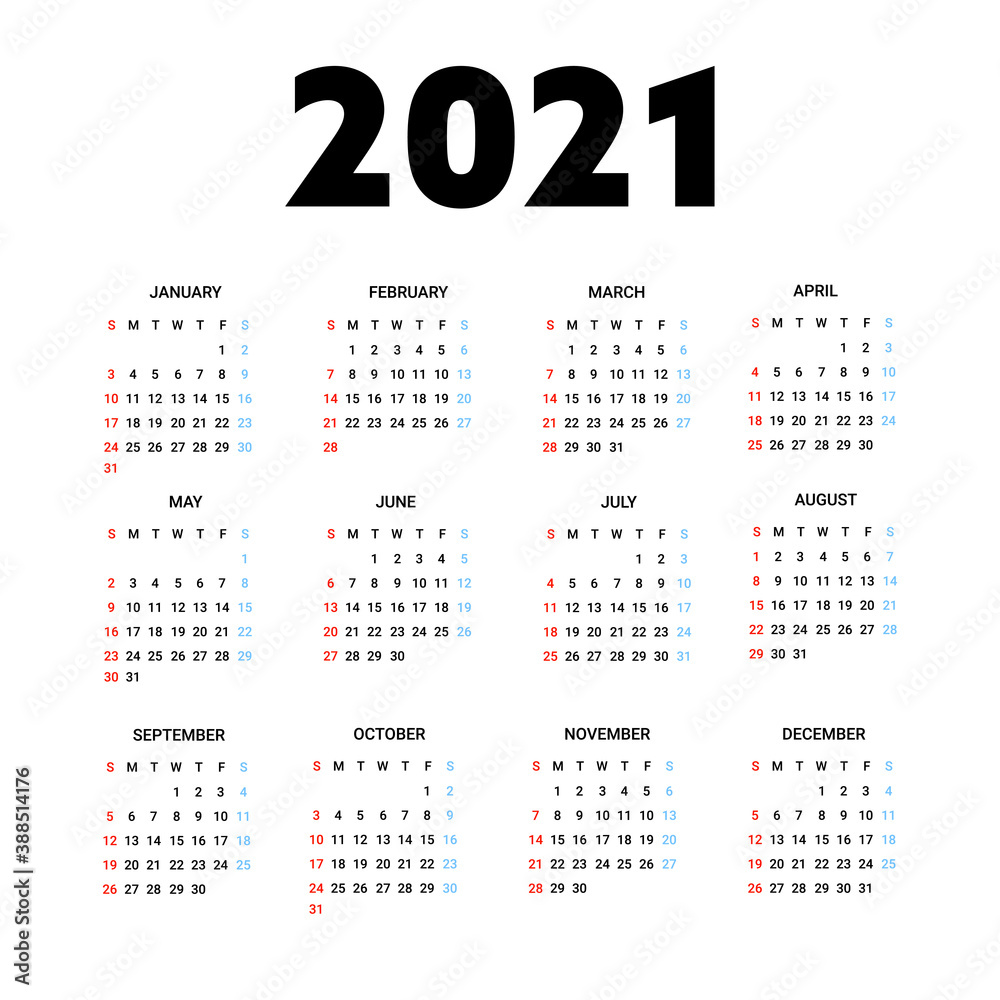 Calendar 2021 Isolated on White Background. Week starts from Sunday ...