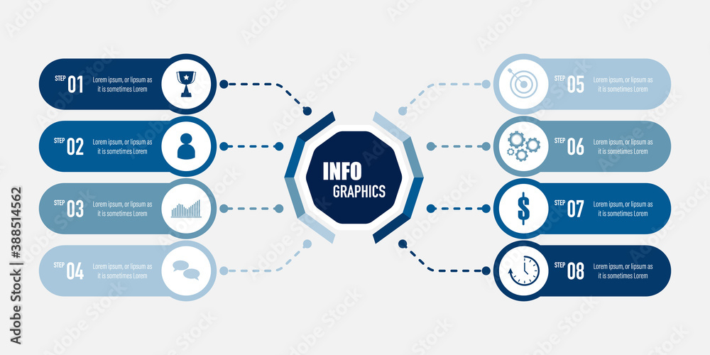 Modern blue infographics design with 8 options, business icons and text ...