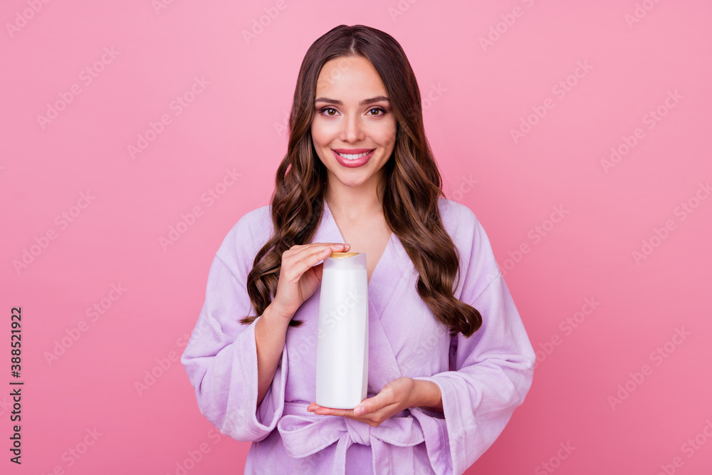 Photo of beautiful lady hold arms new shampoo big bottle fast growth ...