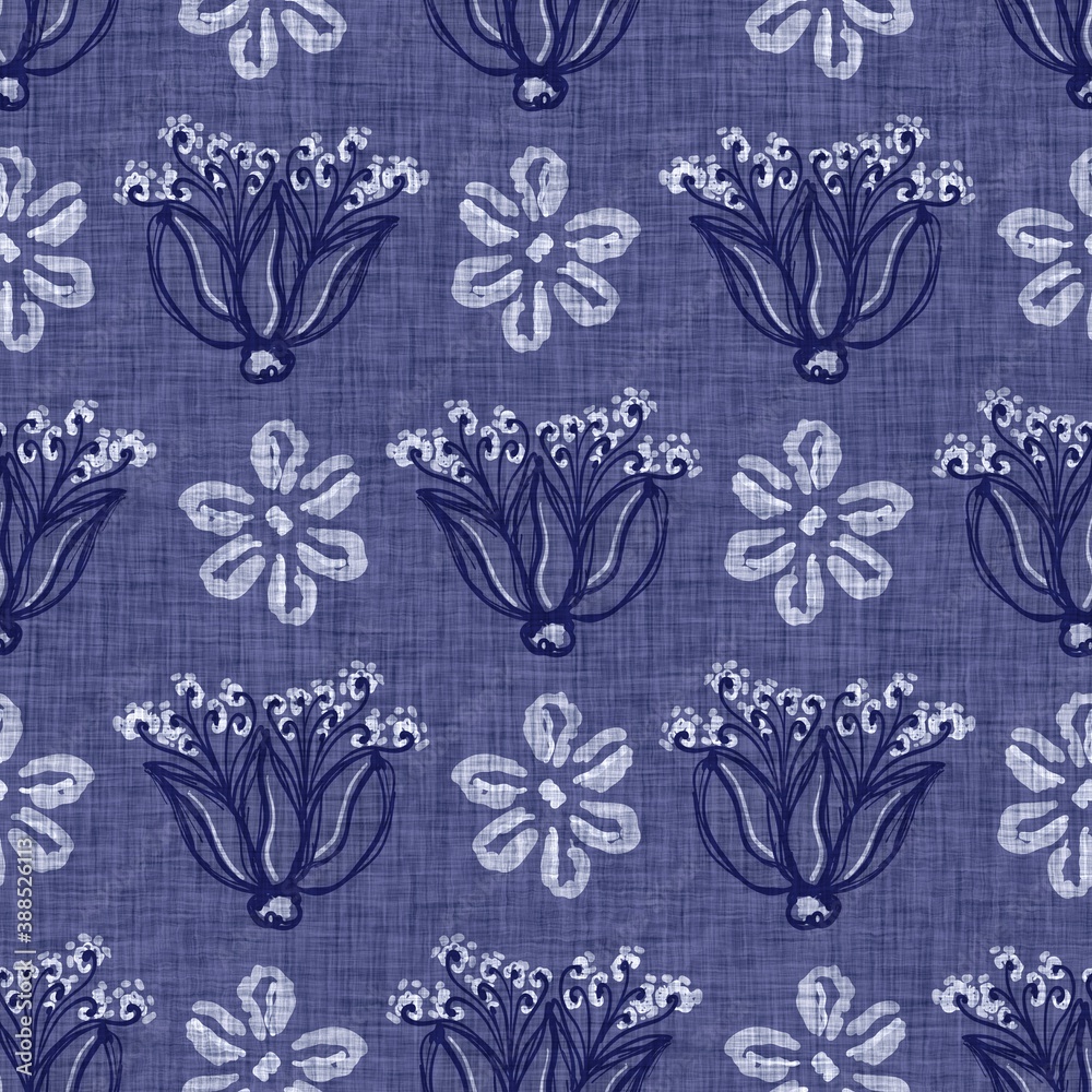Indigo blue flower block print dyed linen texture background. Seamless ...