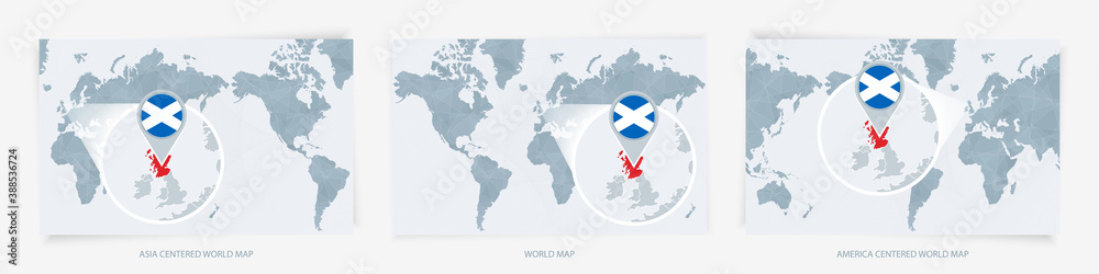 Three versions of the World Map with the enlarged map of Scotland with ...