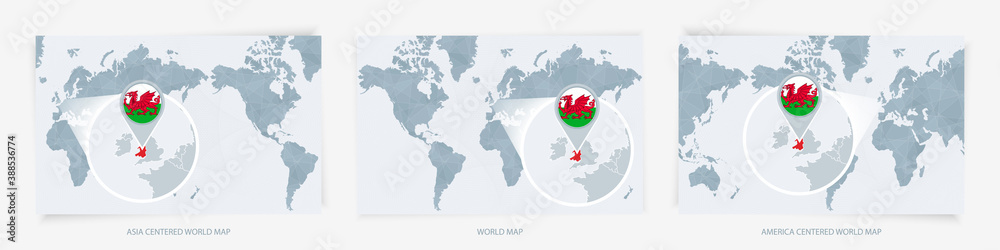 Three versions of the World Map with the enlarged map of Wales with ...