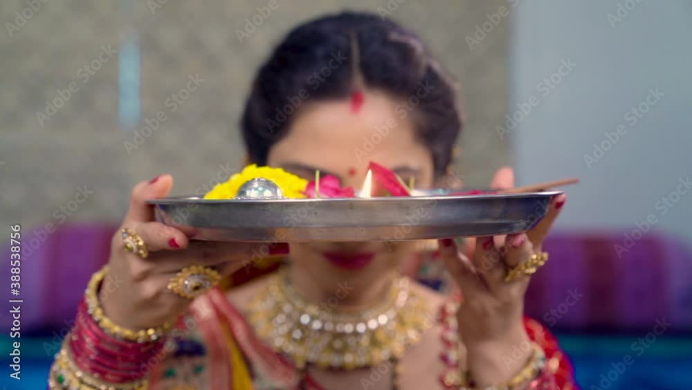 Beautiful Indian Female in Traditional Clothing Holding Aarti in Hand ...
