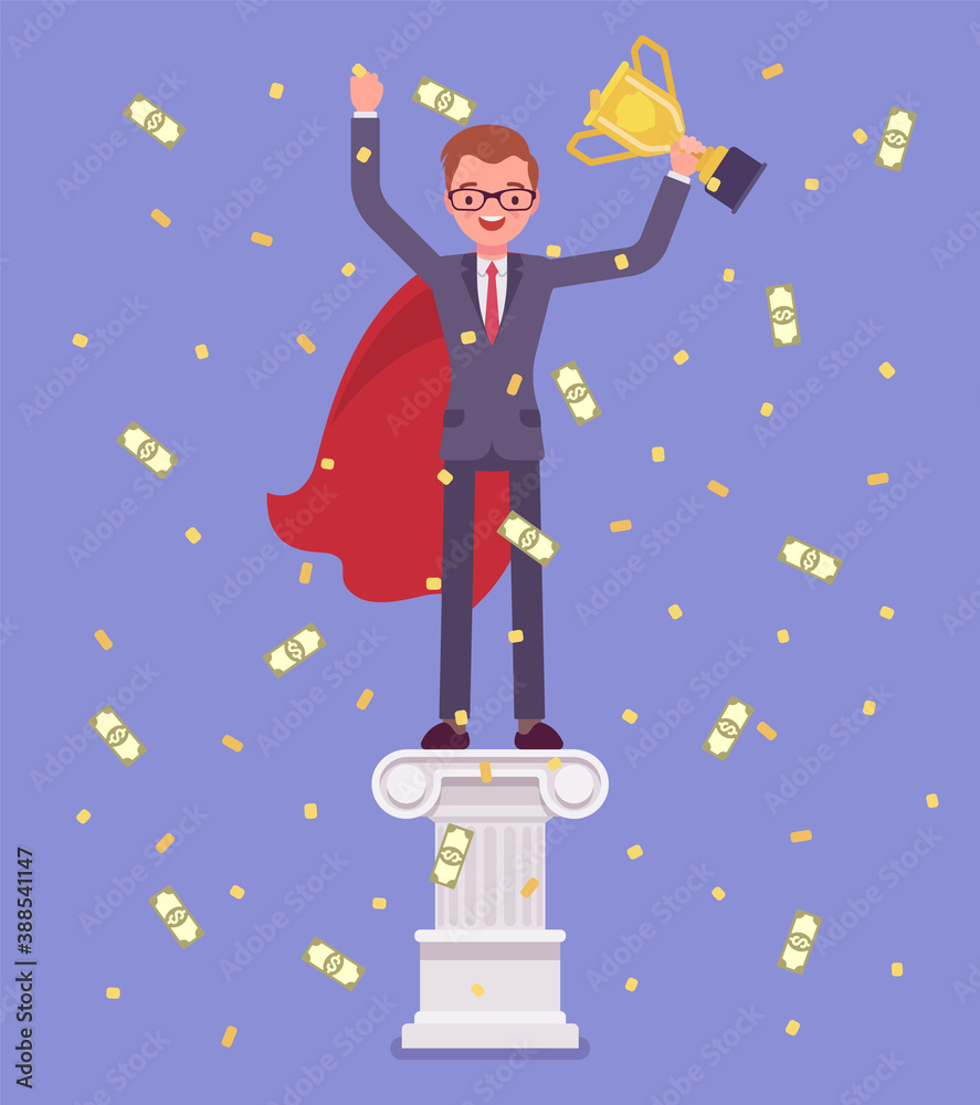 Employee of month, man on pedestal. Happy worker having an outstanding ...