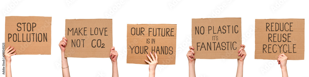 Climate change protest signs. Inscriptions on cardboard posters ...