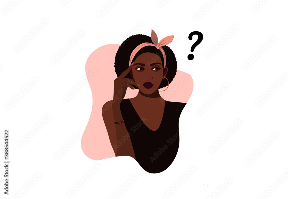 Black girl thinks. Beautiful face, doubts, problems, thoughts, emotions ...