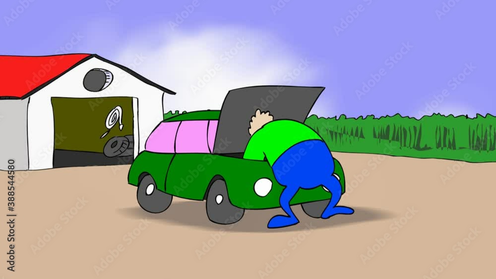 CAR REPAIRING ACCIDENT Car swallows the man when he repairing. 2D ...