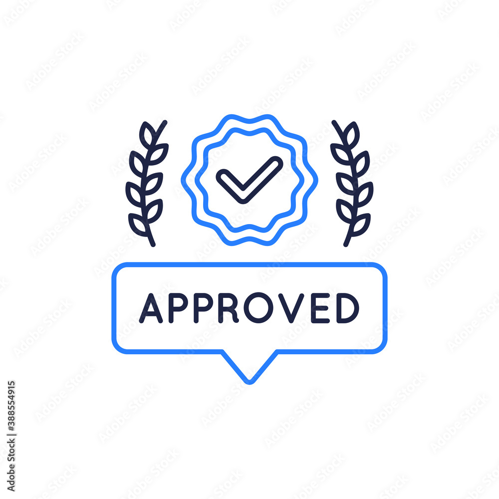 Approved label with a blue checkmark. Approved sticker for a social ...
