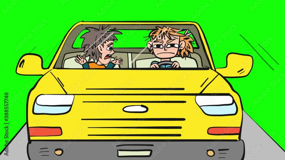 Quarrel in the moving car comic cartoon looped animation in a front ...