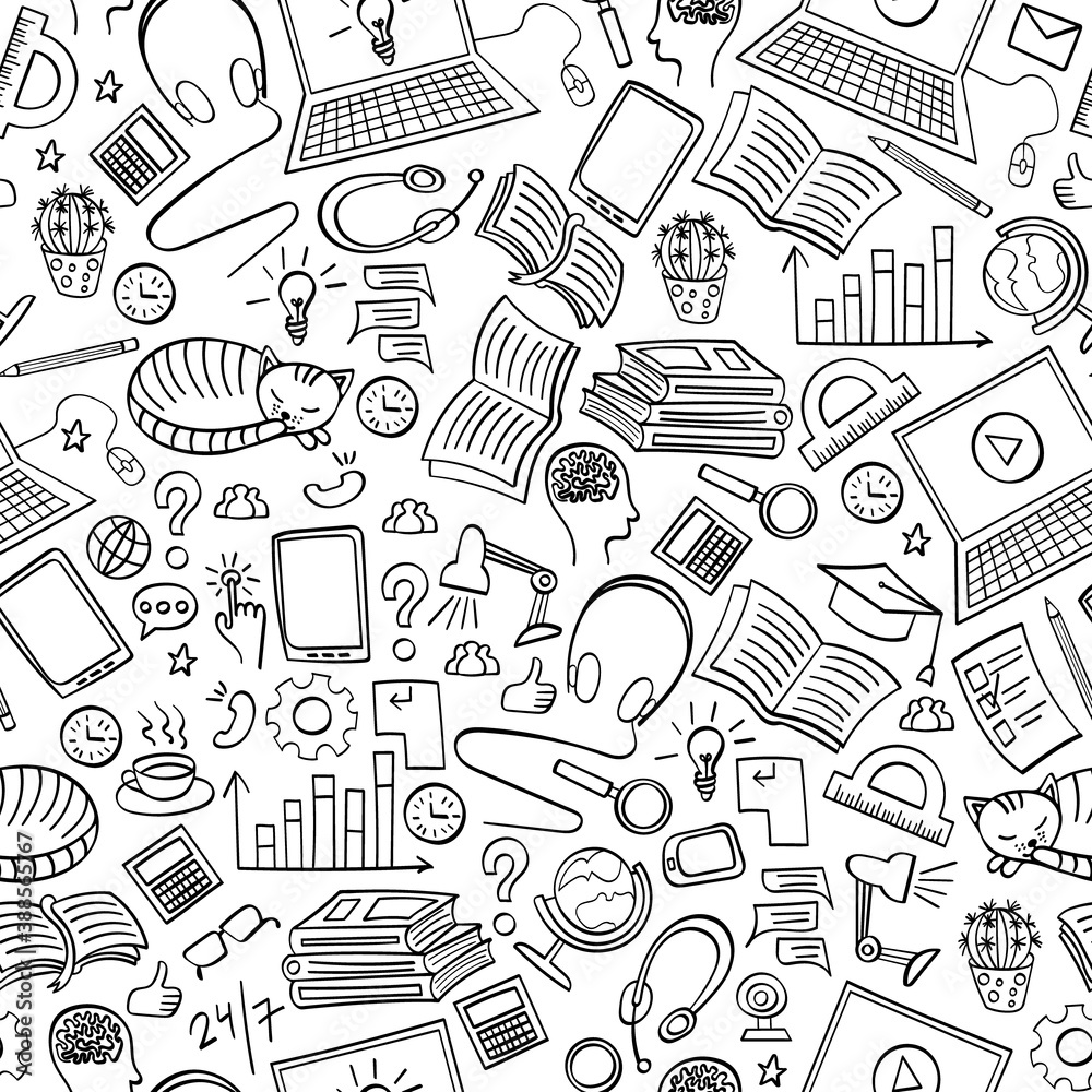 Online education hand drawn seamless pattern. Black doodles on white ...