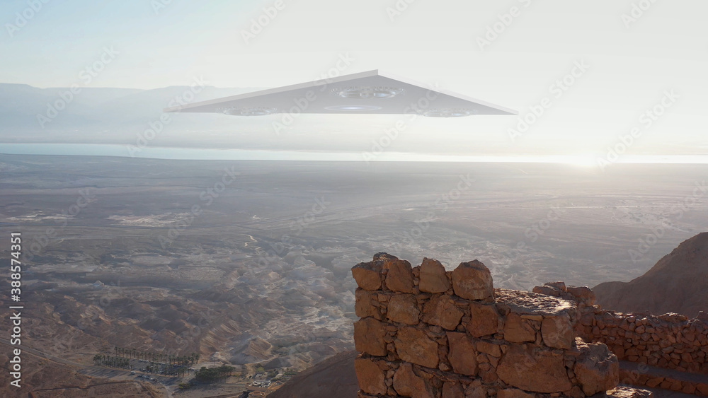 3d rendering, Large Triangle alien ufo over sea and desert mountains ...