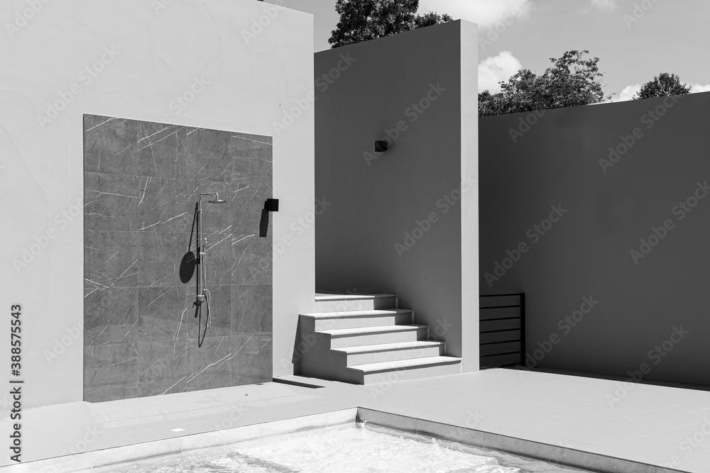 Showering before entering the pool.Shower at swimming pool. Stock Photo ...