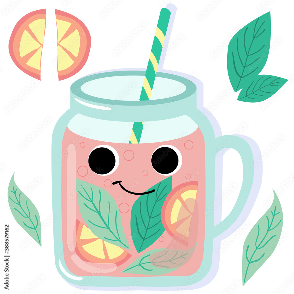 Cute pink kawaii lemonade cup with lemon and leaves isolated on white ...