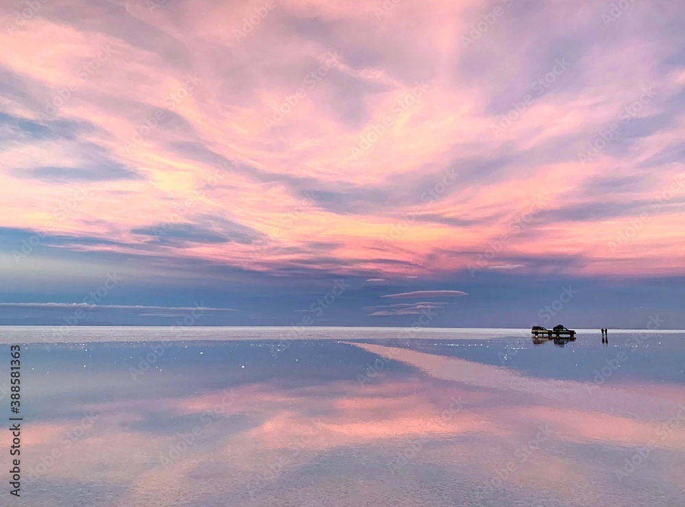 Fantasy sunset soft purple heaven clouds reflection in the tranquil ...