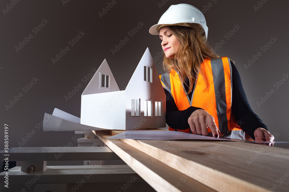 Architect woman smile. Architect woman looks at layout of house. Girl ...