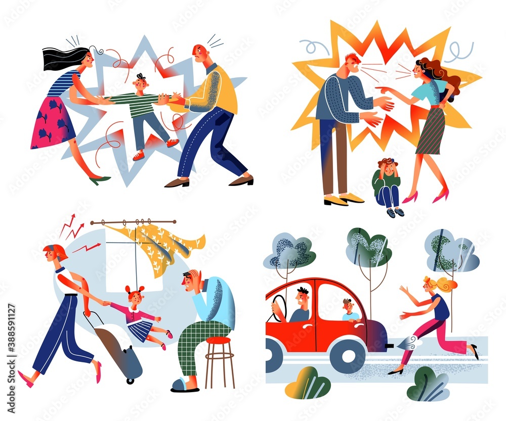 Angry family conflict set. Woman and man shouting, screaming, yelling ...
