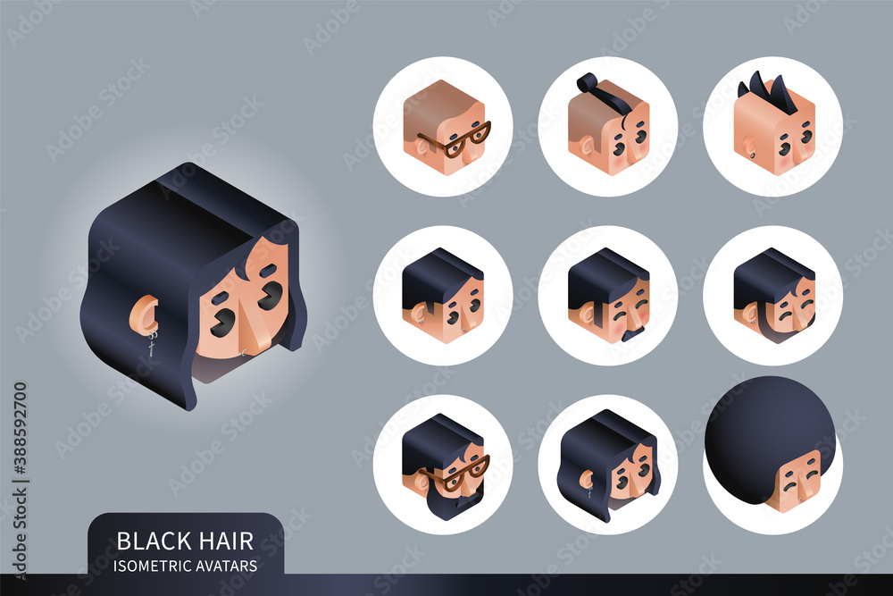 Flat isometric vector set. Avatars of men with black hair. Different ...