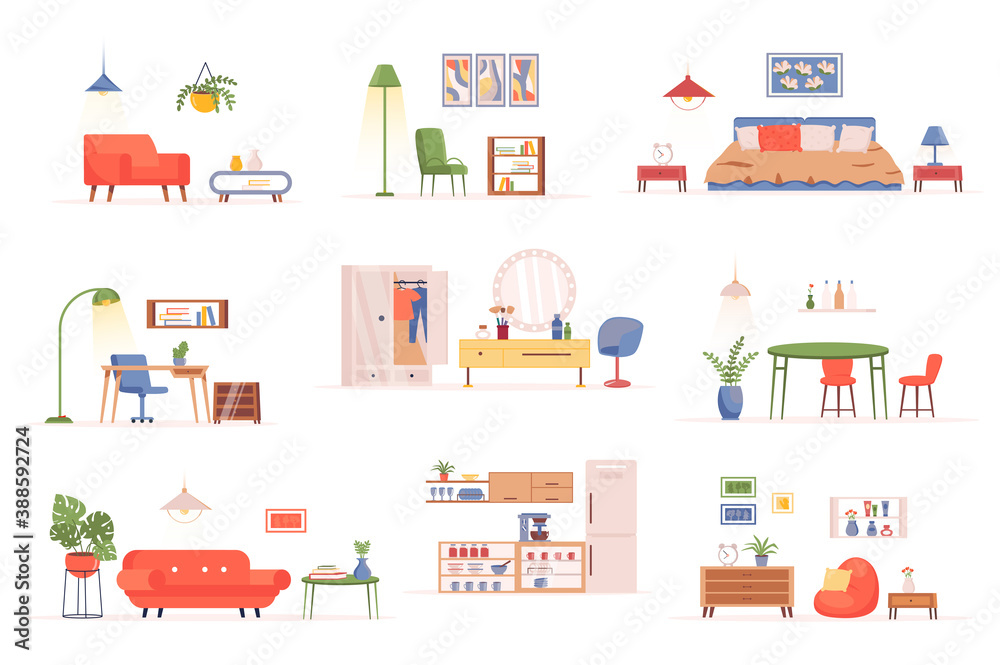 Home furniture bundle of flat scenes. Bedroom, kitchen and dining room ...