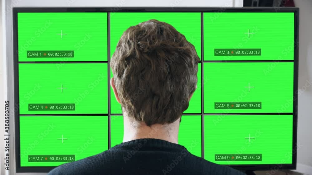 Man Watching Recorded Security Cameras Green Screen Split Screen ...