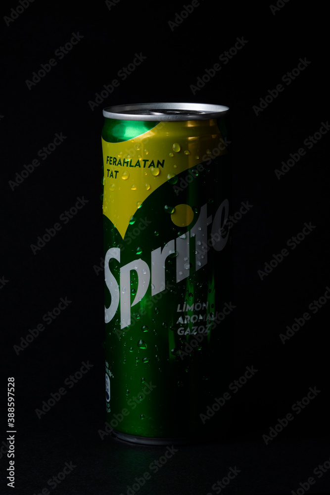 Chilled Sprite can with water drops and inscriptions on Turkish at ...